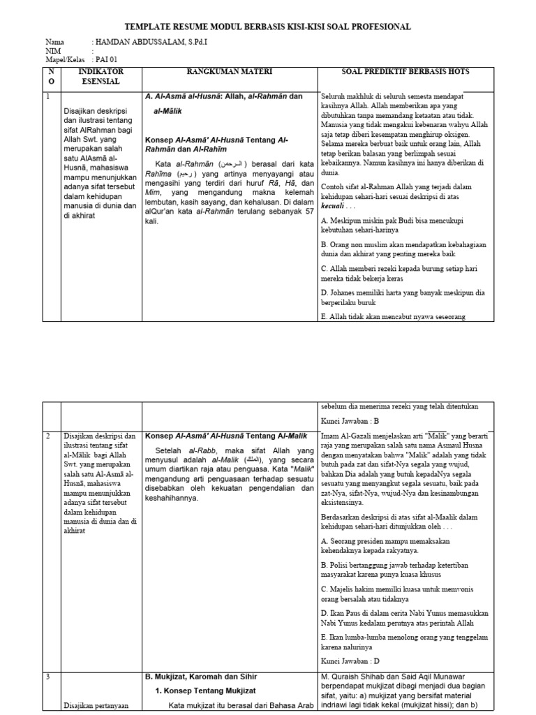 KB 1 Template Resume Modul Pendalaman Materi Berbasis Kisi-Kisi | PDF