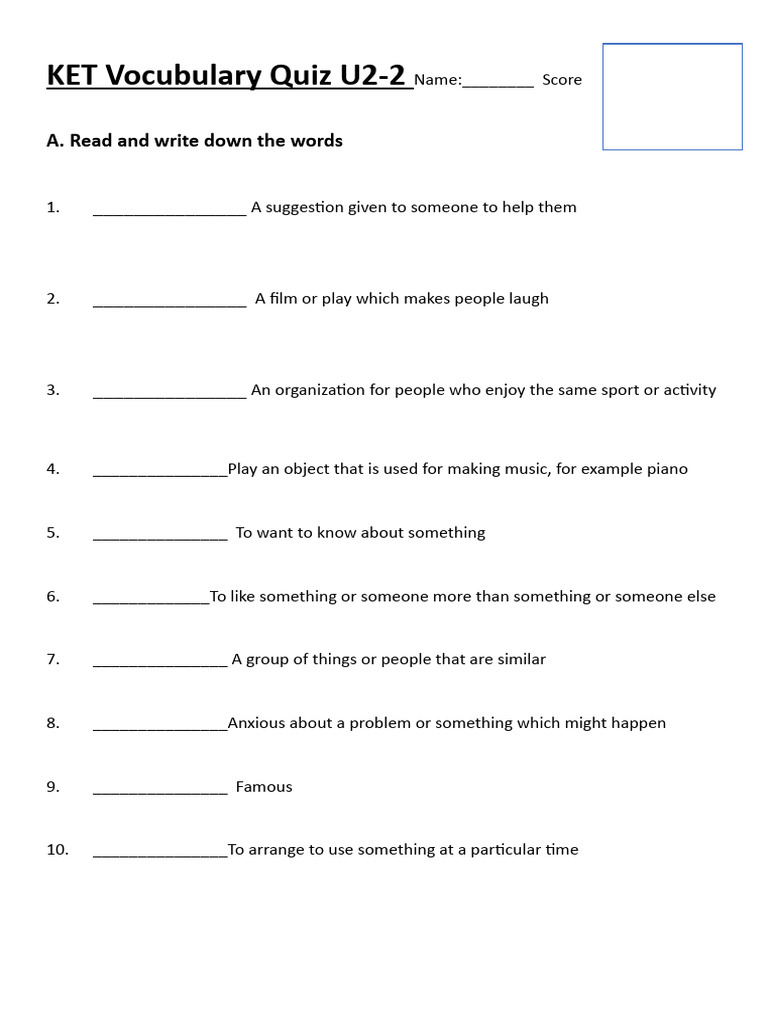 KET Vocubulary Quiz U1-2 | PDF | Games & Activities | Home & Garden