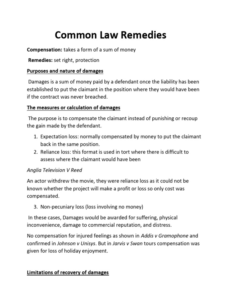 Common Law Remedies Explained | PDF | Damages | Civil Law (Legal System)