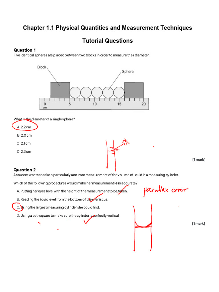 Tutorial (Annotated) 1.1 Physical Quantities and Measurement Techniques | PDF | Force | Volume