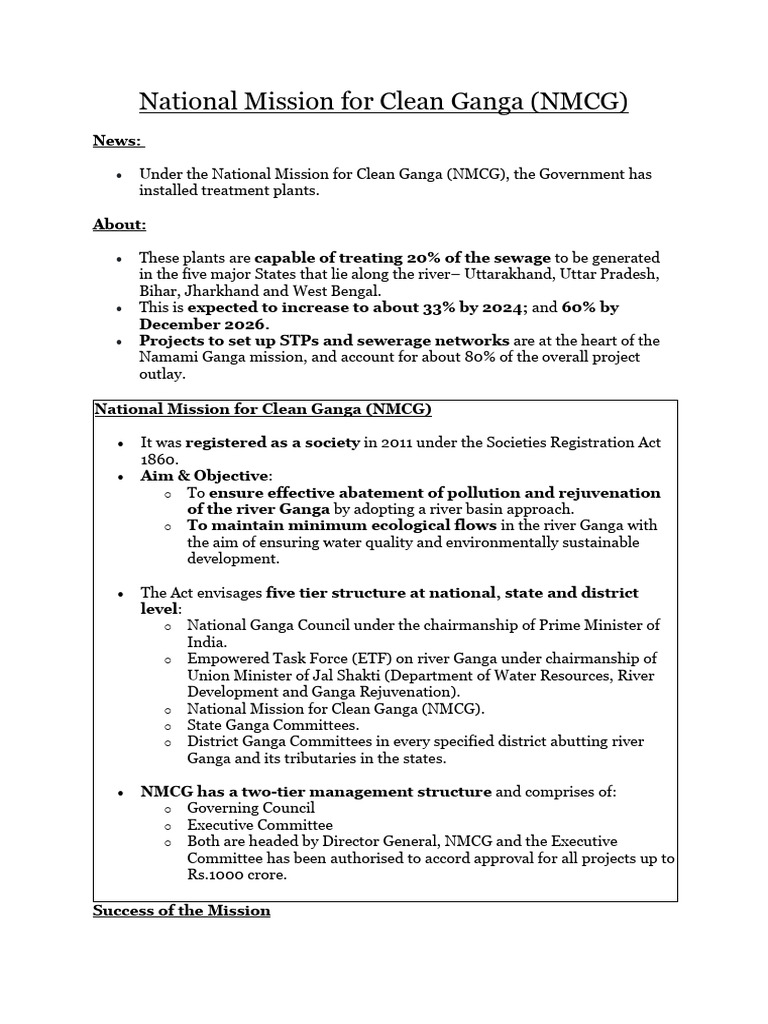 National Mission for Clean Ganga Overview | PDF | Water Pollution ...