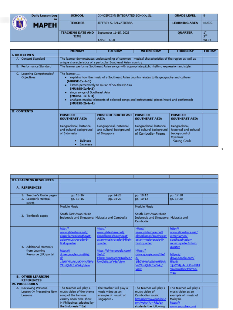 MAPEH 8 Music Lesson Plan Q1 W3 | PDF