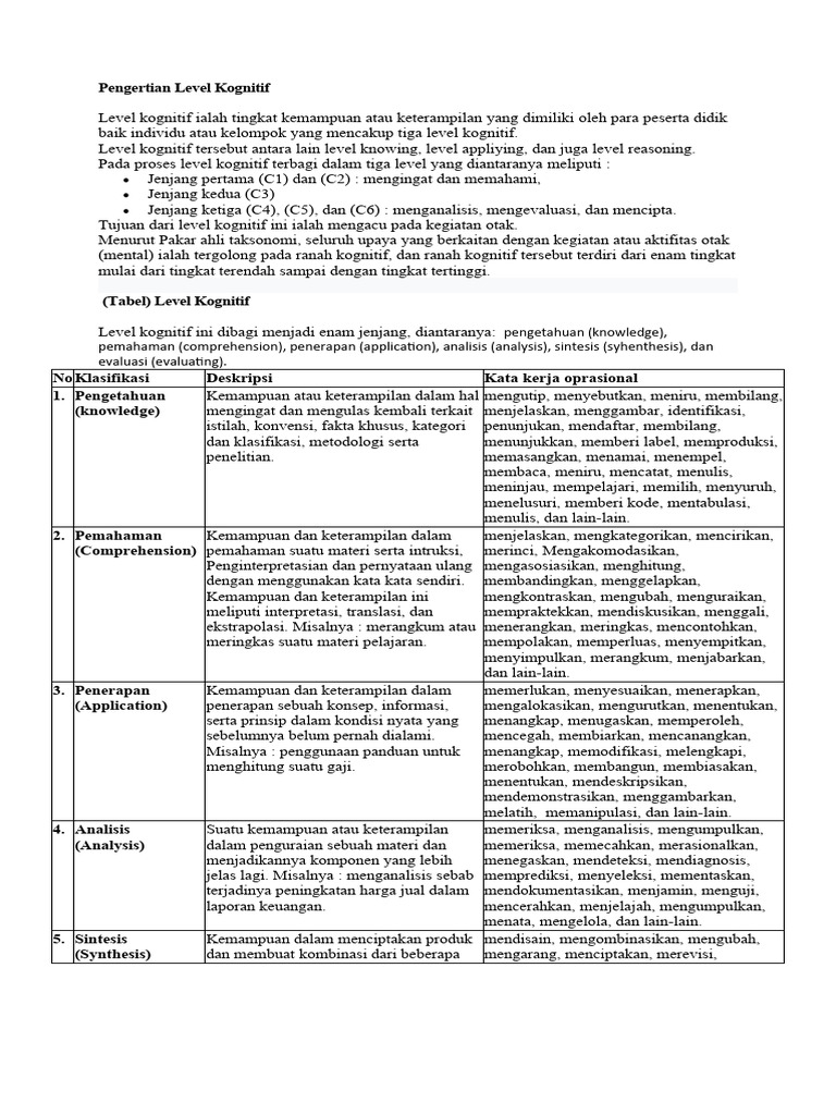 Pengertian dan Tingkatan Level Kognitif | PDF