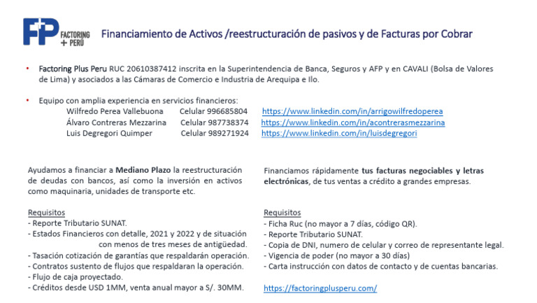Factoring Plus Peru Financia Tus Activos Con Nosotros. | PDF | Finanzas y dinero | Derecho