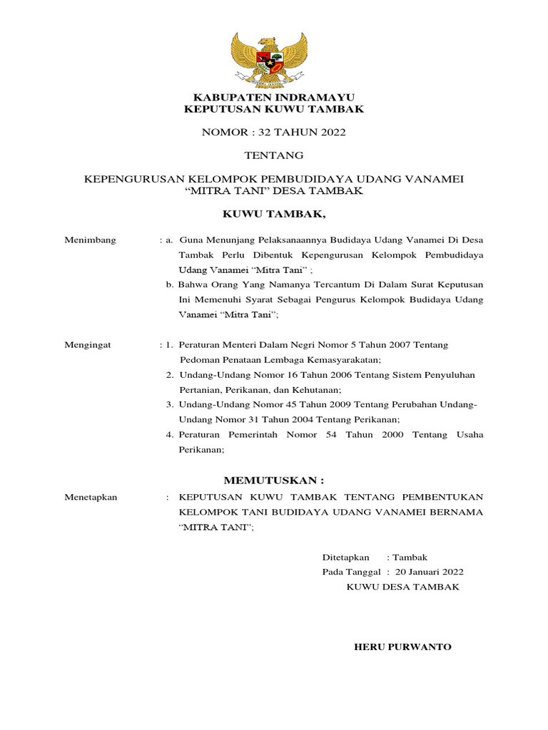 SK Kepengurusan Budidaya Udang Vanamei 2022 | PDF