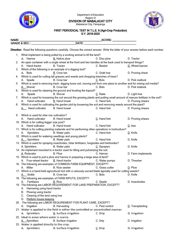 1st P.test T.L.E. Gr.8 Sy 2019 2020 Answer Key | PDF | Agricultural ... 1st P.test T.L.E. Gr.8 Sy 2019 2020 Answer Key | PDF | Agricultural ...