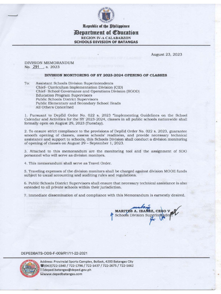 DM 291, S. 2023-Division Monitoring of Sy 2023-2024 Opening of Classes ...