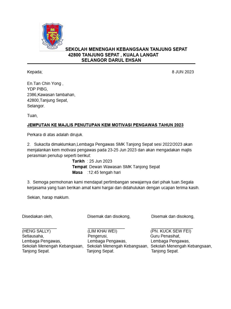 Surat Jemputan Sebagai Perasmi Majlis Penutupan 2023 | PDF