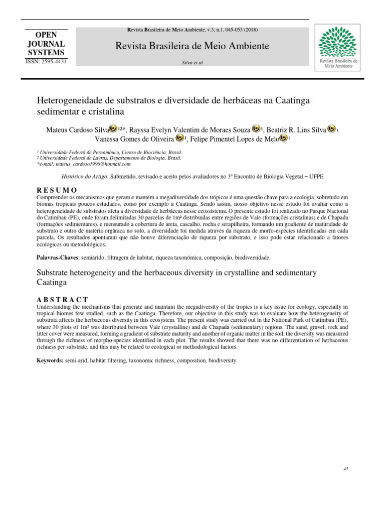 Heterogeneidade de Substratos e Diversidade de Herbáceas Na Caatinga ...