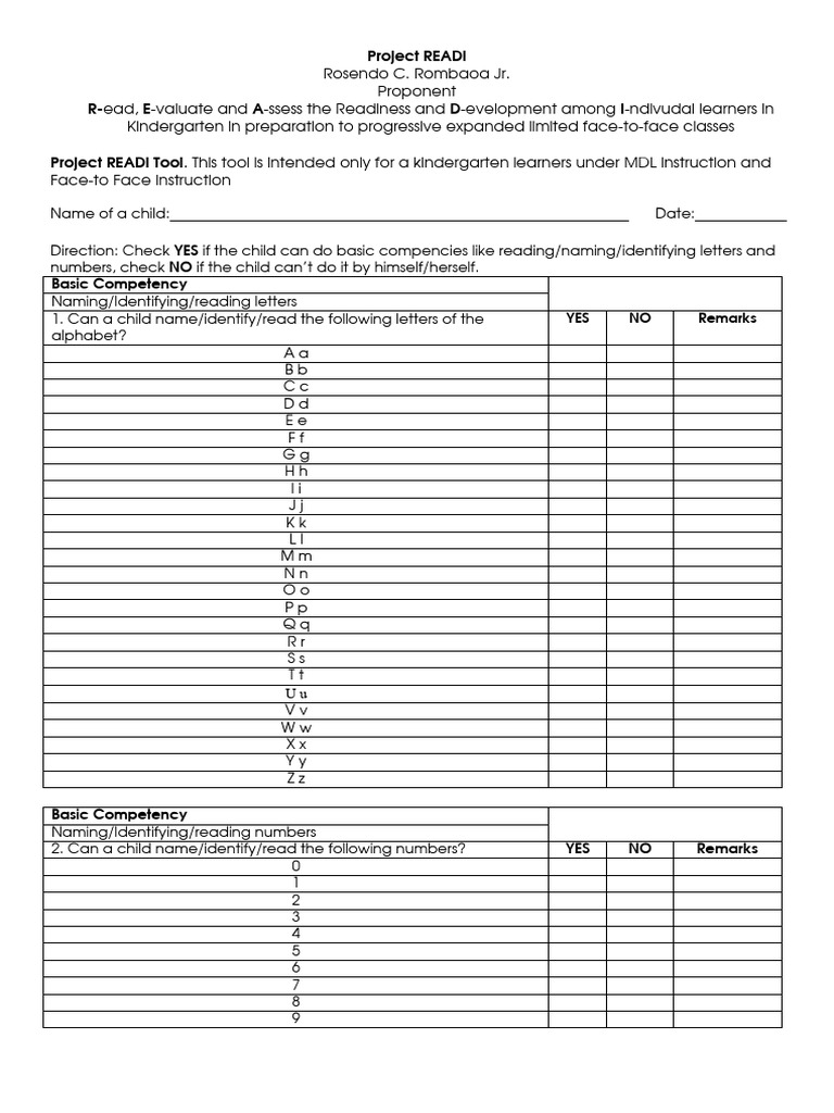Kindergarten Readiness Assessment Tool | PDF