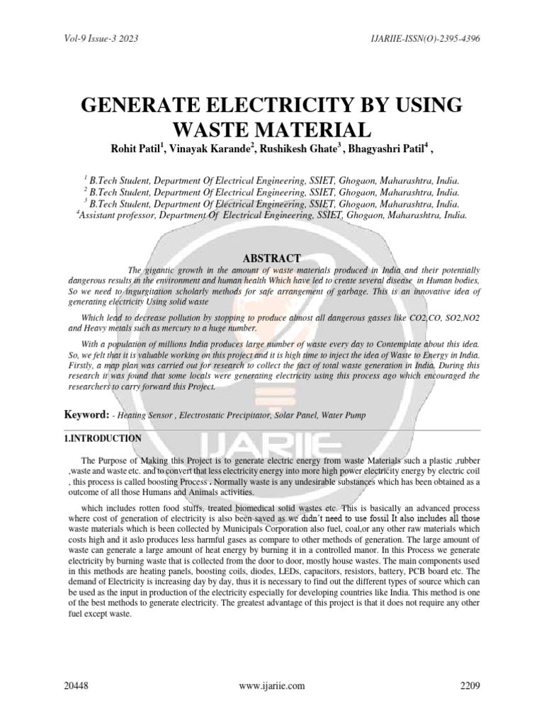 GENERATE ELECTRICITY BY USING WASTE MATERIAL Ijariie20448 | PDF | Waste ... GENERATE ELECTRICITY BY USING WASTE MATERIAL Ijariie20448 | PDF | Waste ...