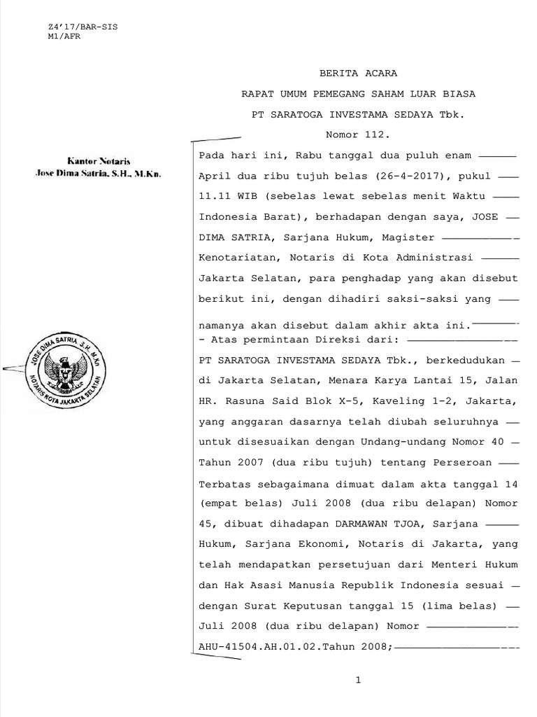 PDF Berita Acara Rapat Umum Pemegang Saham Luar Biasa SRTG 26 April 2017 - Compress | PDF