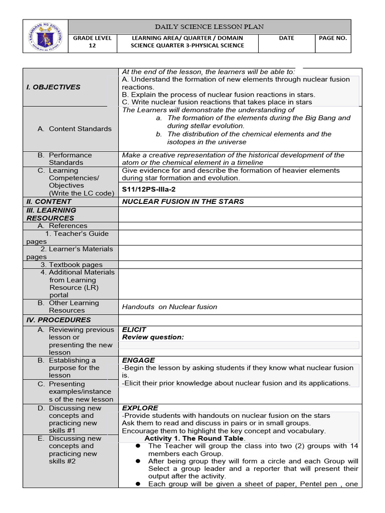 Nuclear Fusion in Stars Lesson Plan | PDF | Learning | Lesson Plan