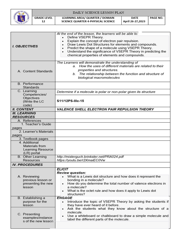 Lesson Plan For Vsepr Theory | PDF | Chemical Bond | Molecules