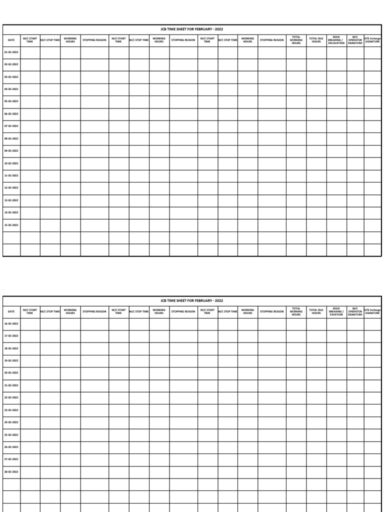 JCB Operator Time Sheet | PDF