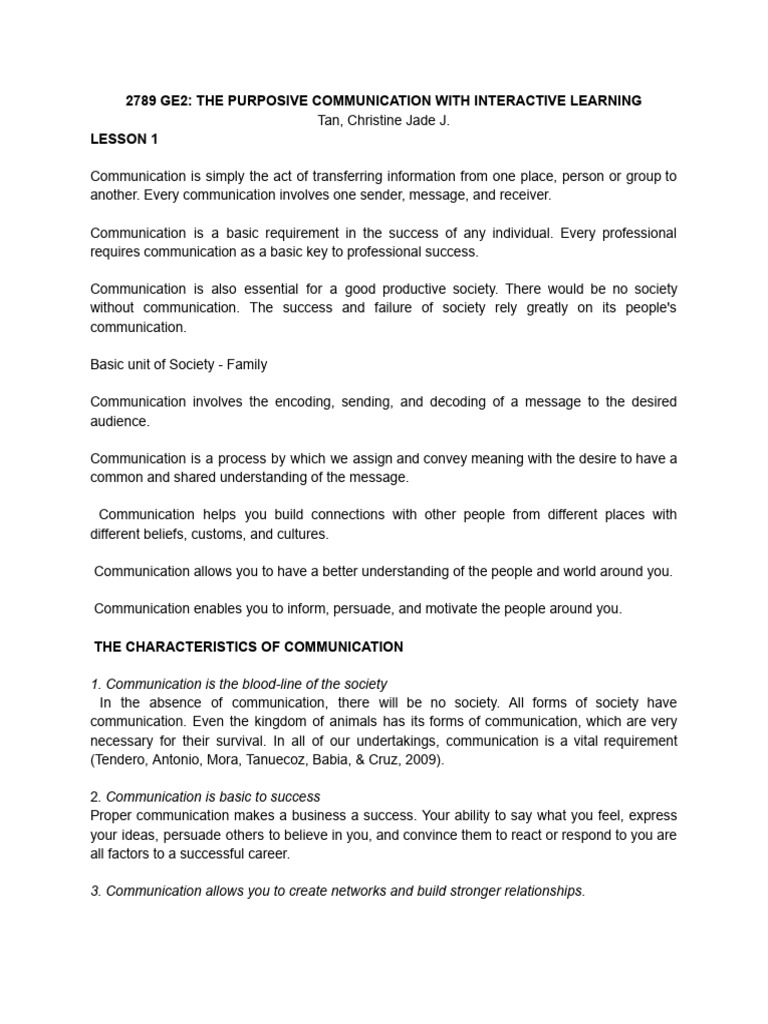 Tan - Lesson 1 - Purposive Communication With Interactive Learning | PDF | Communication ...