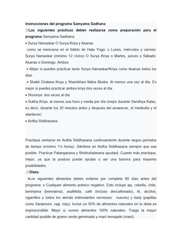 Instrucciones Del Programa Samyama Sadhana | PDF