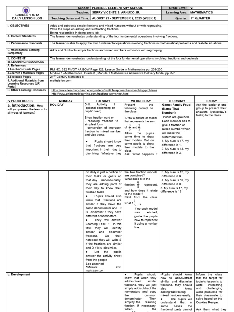 2023 24 Idea DLL - Math 6 - Q1 - W1 | PDF | Subtraction | Cognitive Science