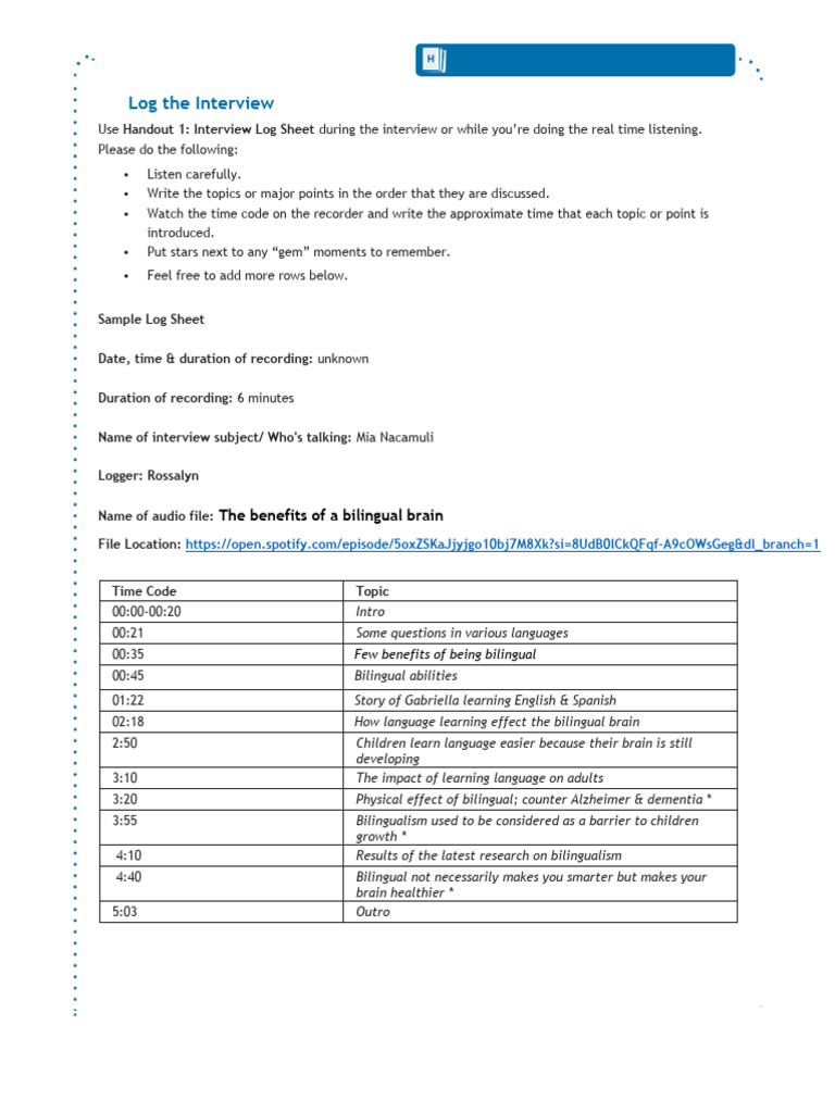 Interview Log Sheet for Bilingual Benefits | PDF | Foreign Language ...