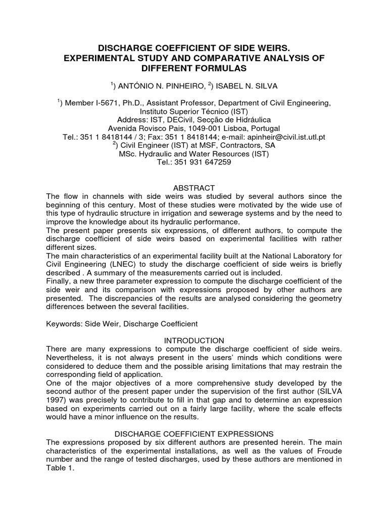 Discharge Coefficient of Side Weirs. Experimental Study and Comparative ... Discharge Coefficient of Side Weirs. Experimental Study and Comparative ...