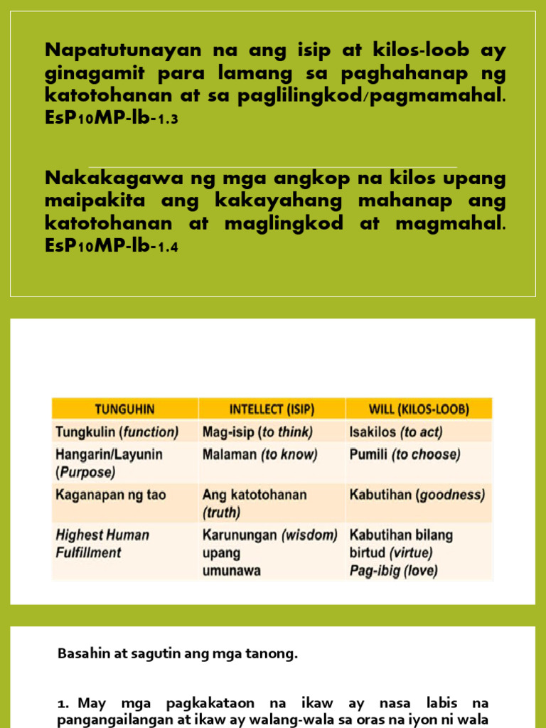 Esp 10 Part 2 Mataas Na Gamit NG Isip at Kilos-Loob | PDF