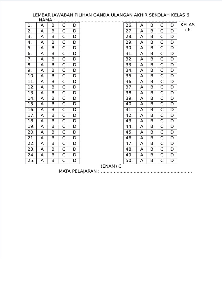 Lembar Jawaban Pilihan Ganda Ulangan Akhir Sekolah Kelas 6 50 Soal | PDF