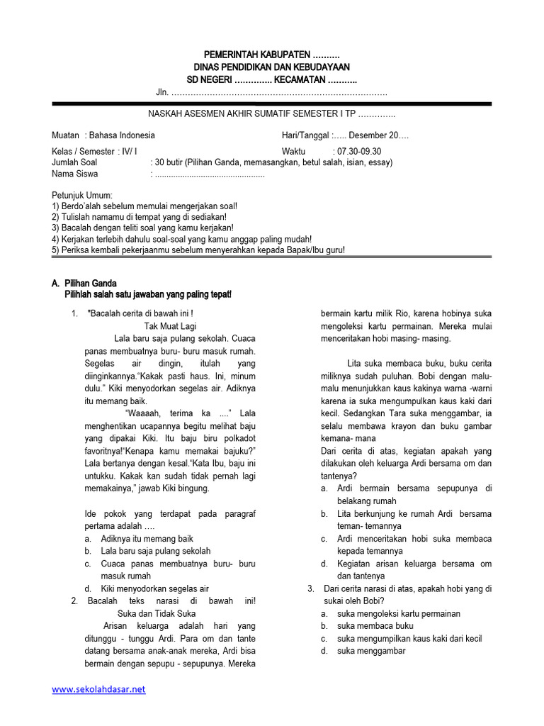Soal Sumatif Akhir Semester 1 Kelas 4 Mapel Bahasa Indonesia | PDF