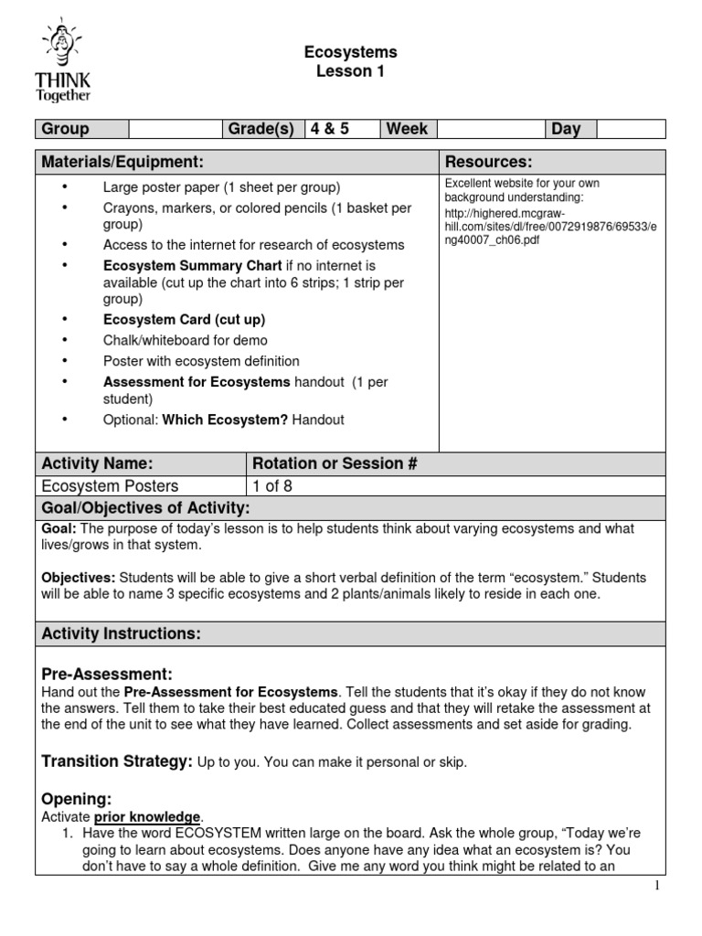 Ecosystems Lesson Plans 1-8 1 Per PL and SC | PDF