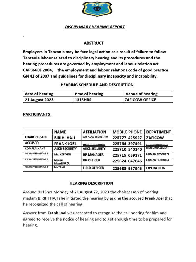 Disciplinary Hearing Outcome for ASKB Security | PDF | Employment ...