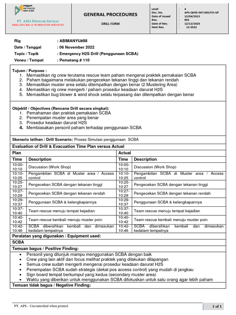 ABI#88 - Drill - Emergency H2S - Crew A - 061122 | PDF
