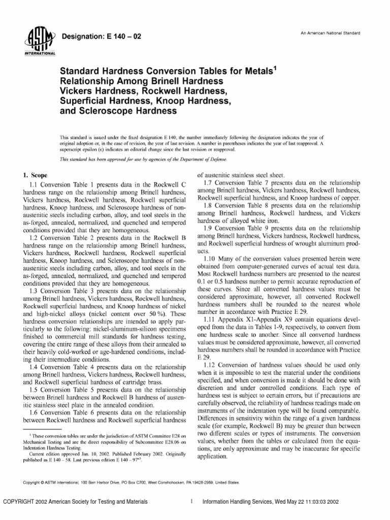 ASTM E 140 - Hardness Conversion Tables | PDF