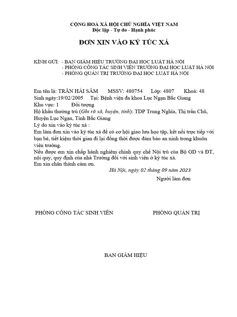 Đơn Xin Vào KTX Trường Đại Học Luật Hà Nội Final | PDF