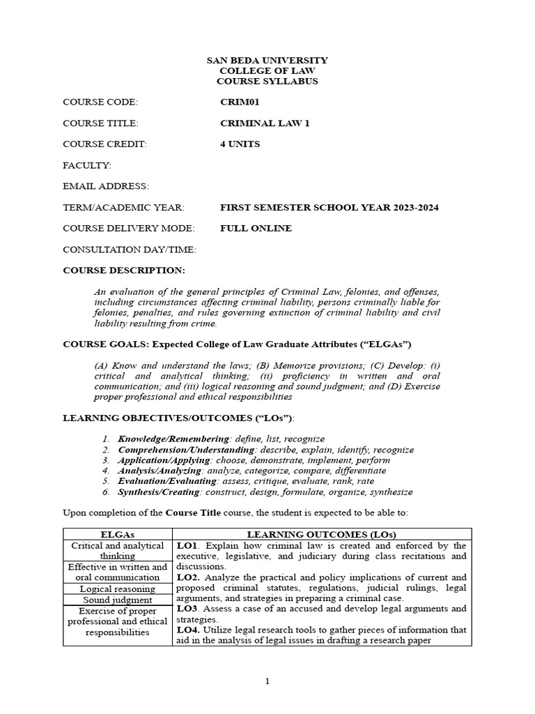 Criminal Law 1 Syllabus 2023-2024 | PDF | Crimes | Crime & Violence