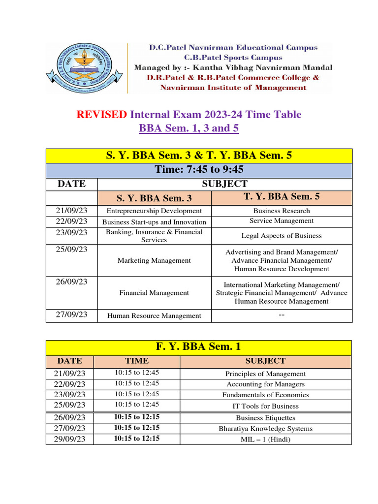 BBA 2023-24 Internal Exam Schedule | PDF