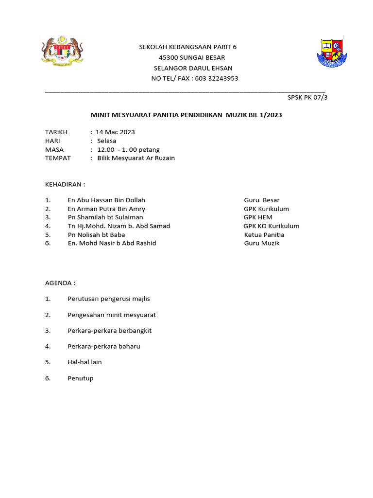 Minit Panitia Muzik 1 2023 | PDF