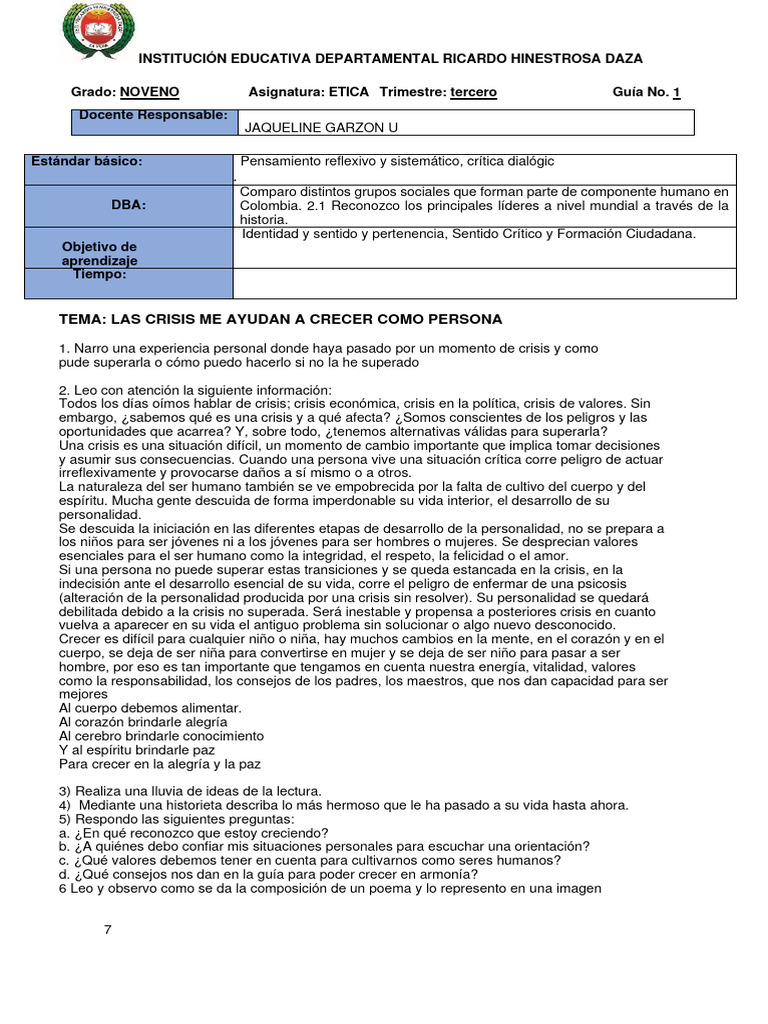 GUIA 1 NOVENO ETICA Las Crisis Me Ayudan A Crecer Como Persona" | PDF