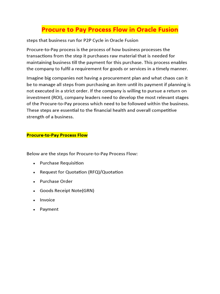 Procure To Pay Process Flow in Oracle Fusion | PDF | Receipt | Business Process Management