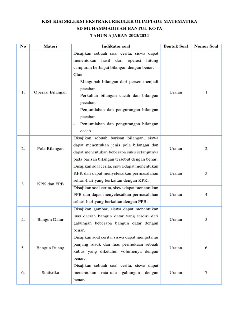 Kisi-Kisi Soal Seleksi Olim Matematika-1 | PDF
