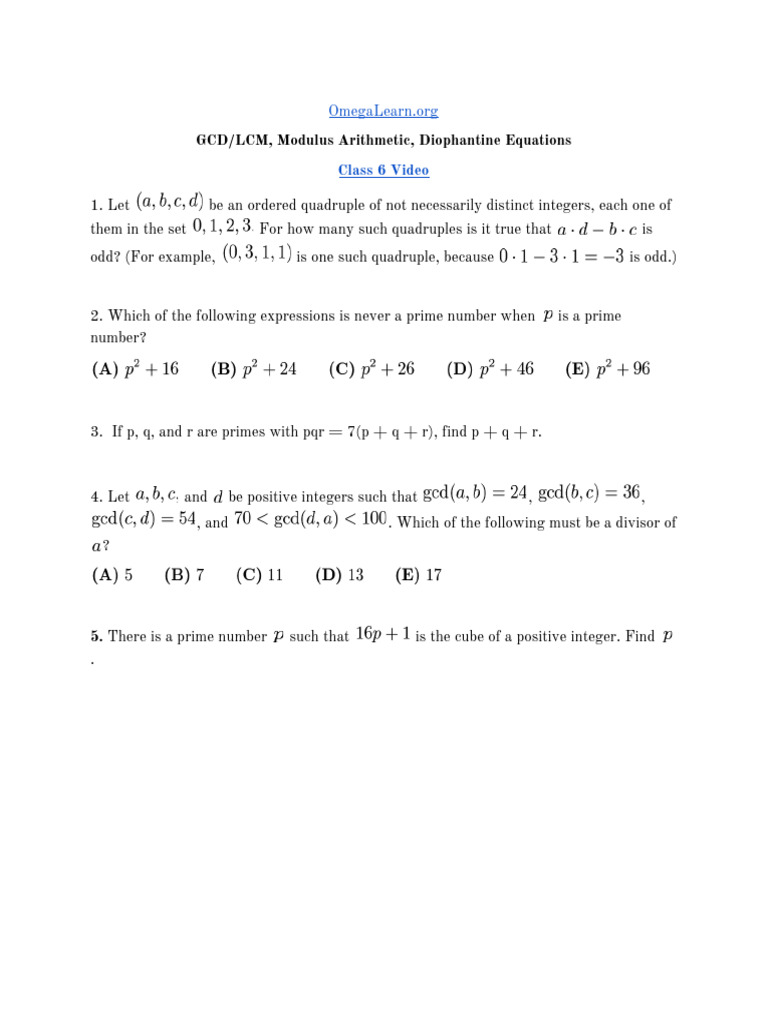 AMC 10 - 12 Class 6 Homework - GCD - LCM, Modular Arithmetic, Diophantine Equations | PDF ...