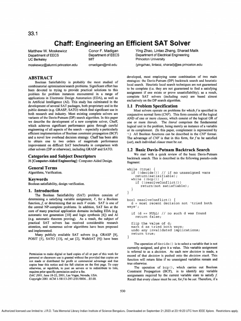 Chaff Engineering An Efficient Sat Solver Pdf Applied Mathematics Computer Science 
