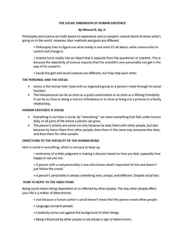 Outline On The Social Dimension of Human Existence | PDF | Science | Senses