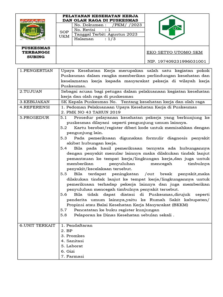 SOP Pelayanan Kesehatan Kerja Di Puskesmas | PDF