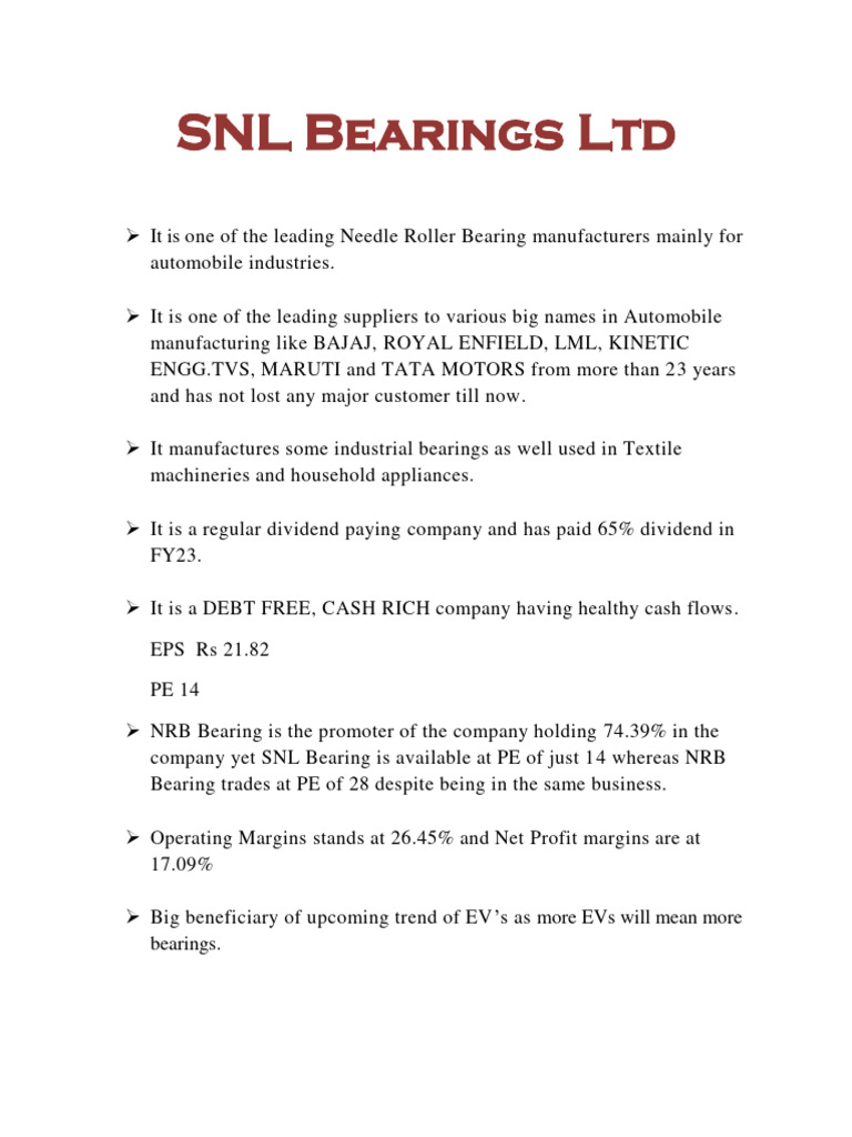 SNL BEARINGS LTD - A Value Pick From Auto Ancillairy Sector | PDF