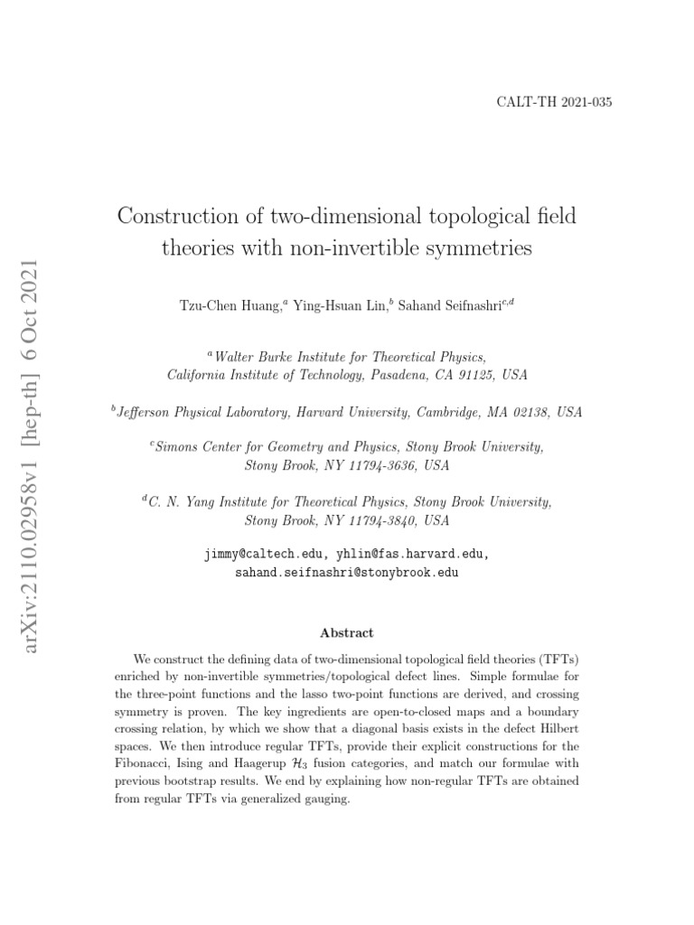 Construction of Two-Dimensional Topological Field Theories With Non-Invertible Symmetries | PDF ...