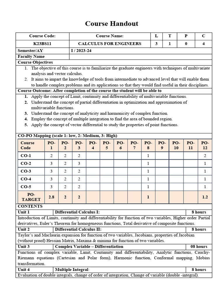 Sample Course Handout Format - Calculus For Engineers | PDF ...