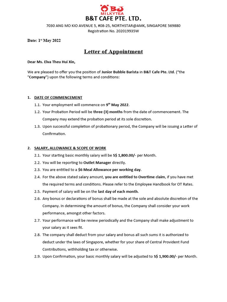 Employment Contract - Elva Theu Hui Xin | PDF | Sick Leave | Employment