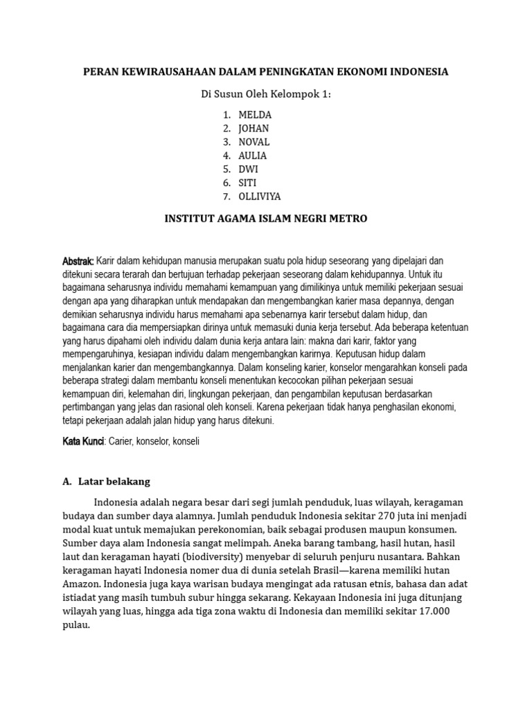 Peran Kewirausahaan Dalam Peningkatan Ekonomi Indonesia | PDF