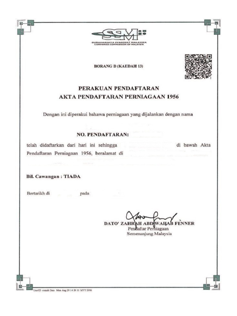 Borang Perakuan Pendaftaran SSM (Borang D) | PDF
