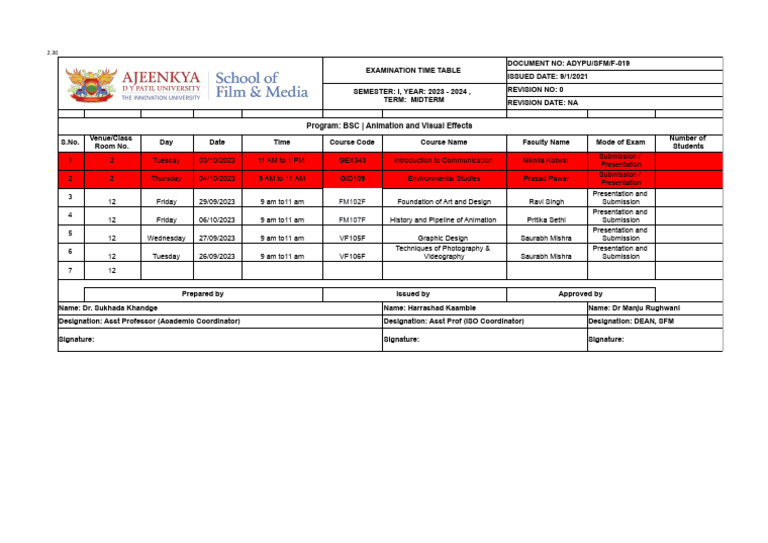 Midterm Timetable September Semester 1 - AVE | PDF