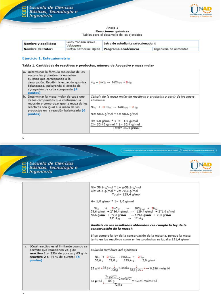 Unidad 3. Tarea 4-Reacciones Químicas - UNAD | PDF | Equilibrio químico | Mole (Unidad)